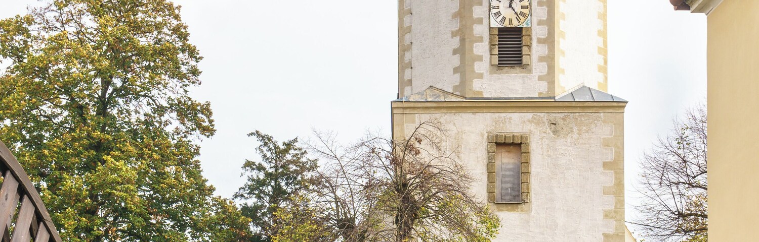 Uma torre histórica com relógio, rodeada por vegetação exuberante e uma cerca de madeira.