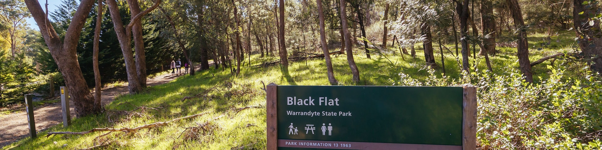 Placa para Black Flat no Parque Estadual Warrandyte com símbolos indicando informações do parque e uma data.