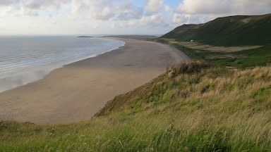 Paisagem costeira com uma praia de areia, colinas gramadas e céu parcialmente nublado.