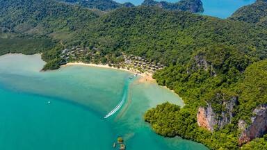 Vista aérea de uma área costeira com praia, floresta densa e águas turquesa cristalinas.