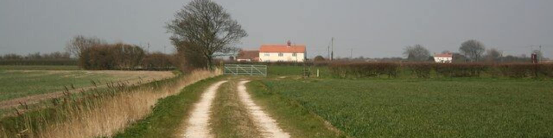 View to Anderby Near Bank House with a white cottage on Sea Road on the horizon