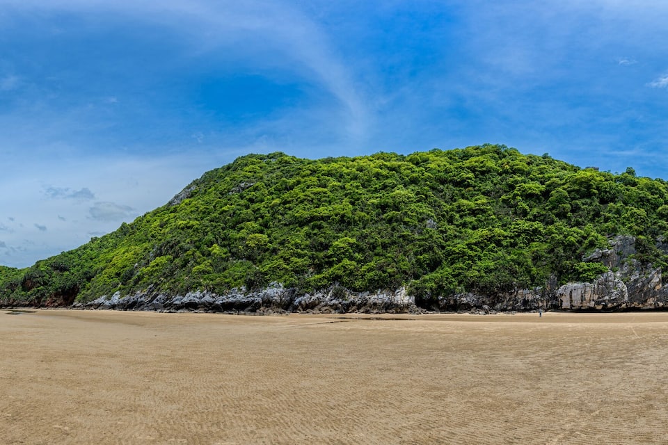 Uma praia com uma grande colina verde ao fundo.