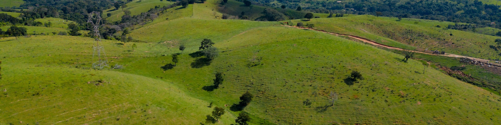 Colinas verdes e onduladas, uma estrada sinuosa e edifícios ao longe.