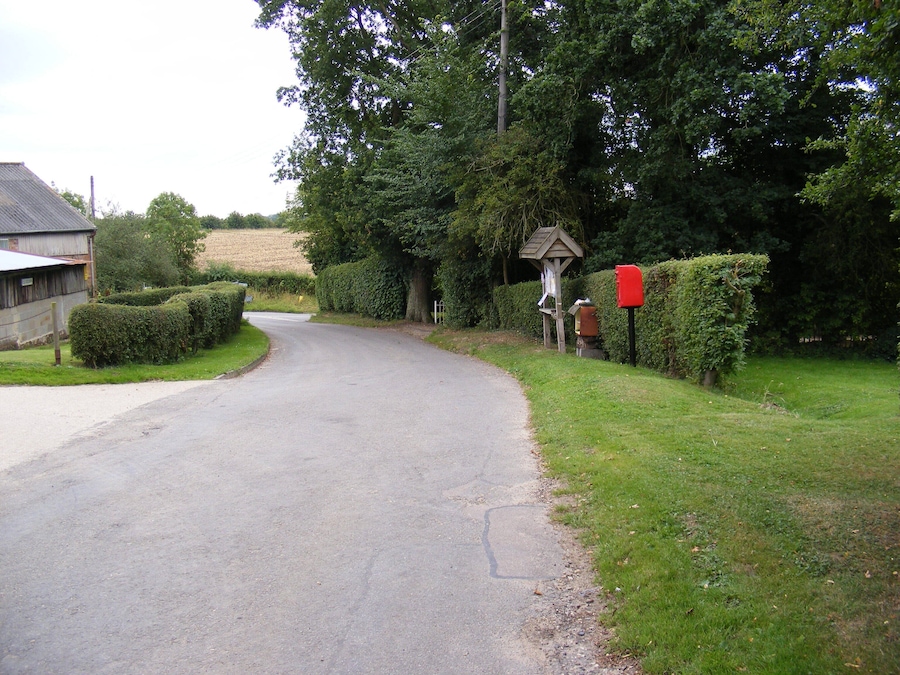 Bruisyard Road & College Farm Postbox Postbox No. IP17 4608 Church Road is in the distance