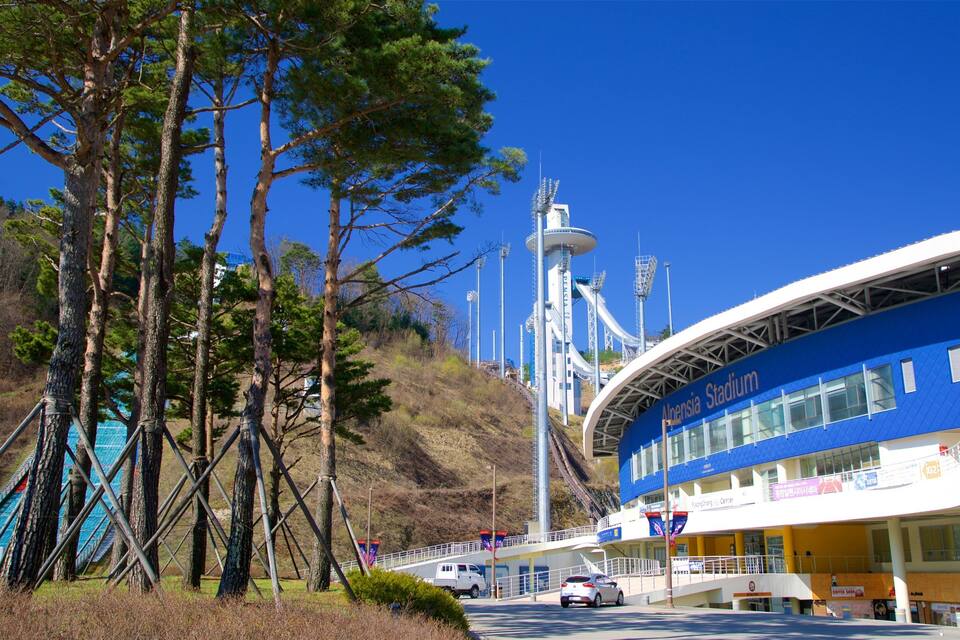 Um estádio com fachada azul e uma torre branca. Árvores e uma estrada aparecem em primeiro plano.
