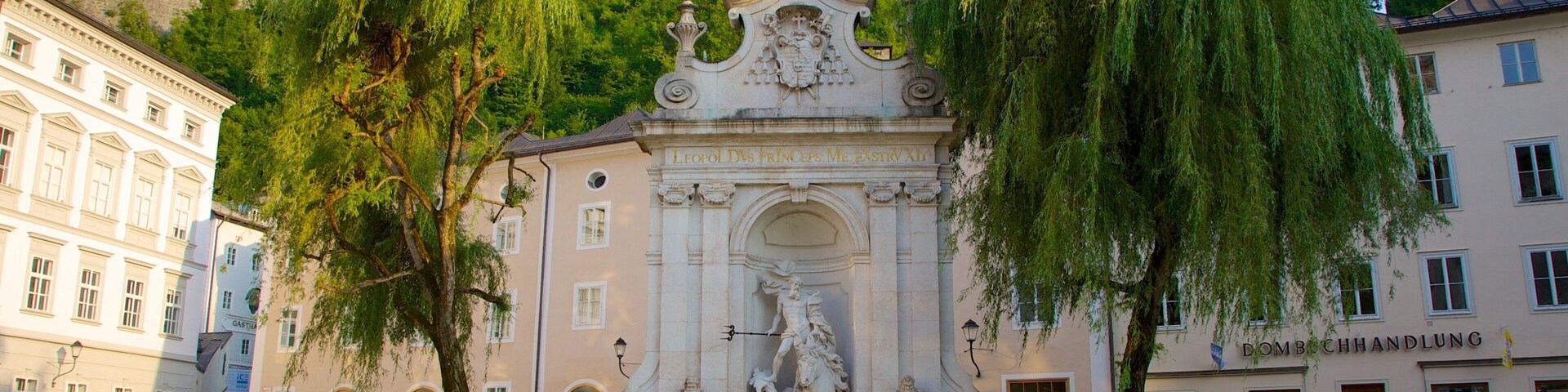 Salzburg which includes a city, a fountain and a pond