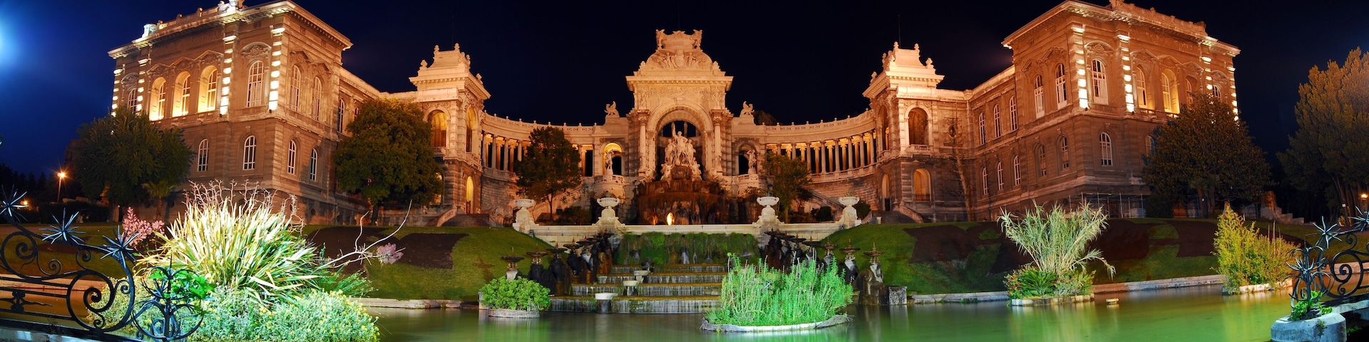 The Palais Longchamp in Marseille, France, at night. Panorama stitched from 3 seperate images.