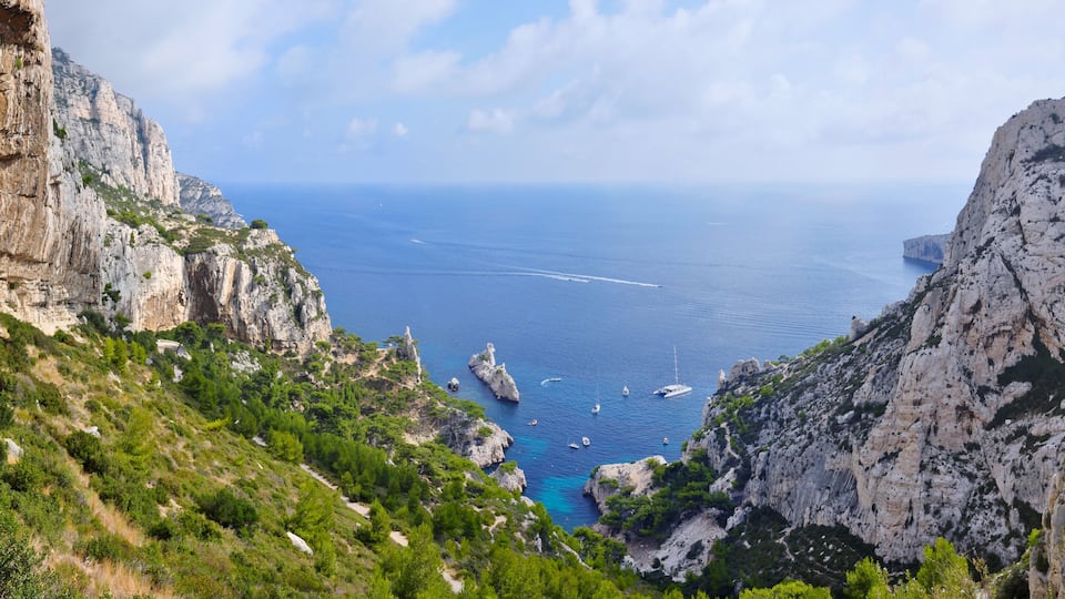 breathtaking view into the Calanque of Sugiton near Marseille, seen from a hiking trail