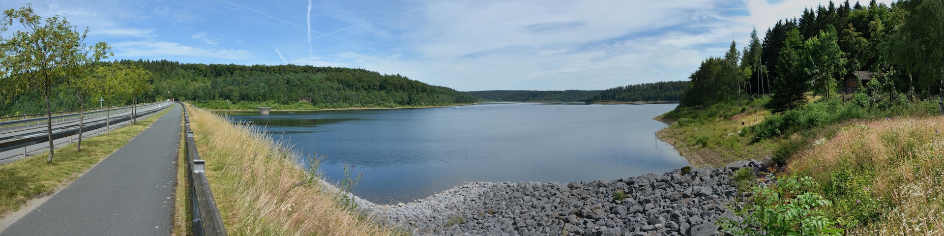 Aabach Lake, North Rhine-Westfalia, Germany, view from South side of the dam - 5 pictures stitched