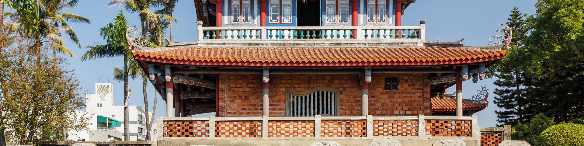 Tainan, Taiwan: The Chihkan Tower of the former Dutch Fort Provintia in Tainan, the old capital of Taiwan. It was built in 1653. The nine steles in front of the building commemorate the crushing of the Lin-Shuangwen uprise in 1788. They are mounted on the back of sculptures of turtles, the symbol of longevity.