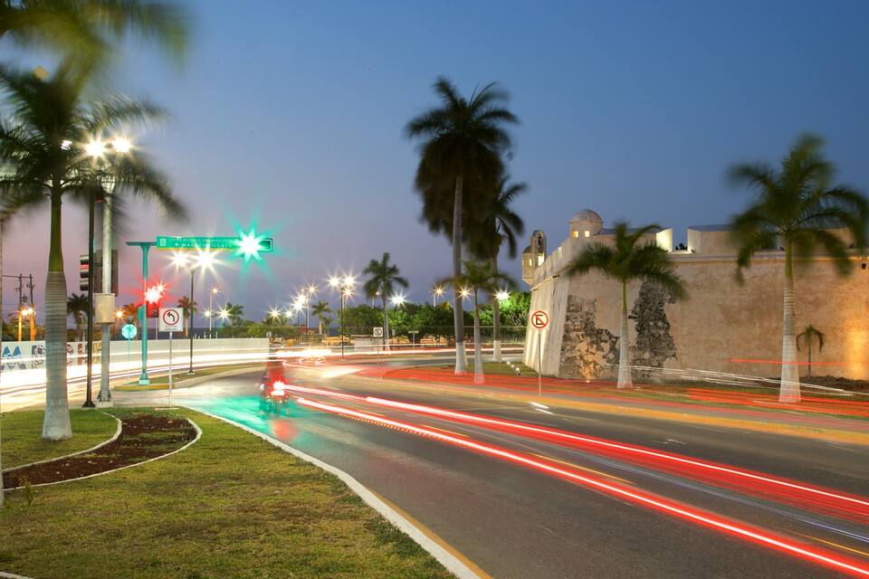 Paisagem urbana noturna com palmeiras, um edifício histórico e um cruzamento rotatório com rastros de luz de veículos em movimento.
