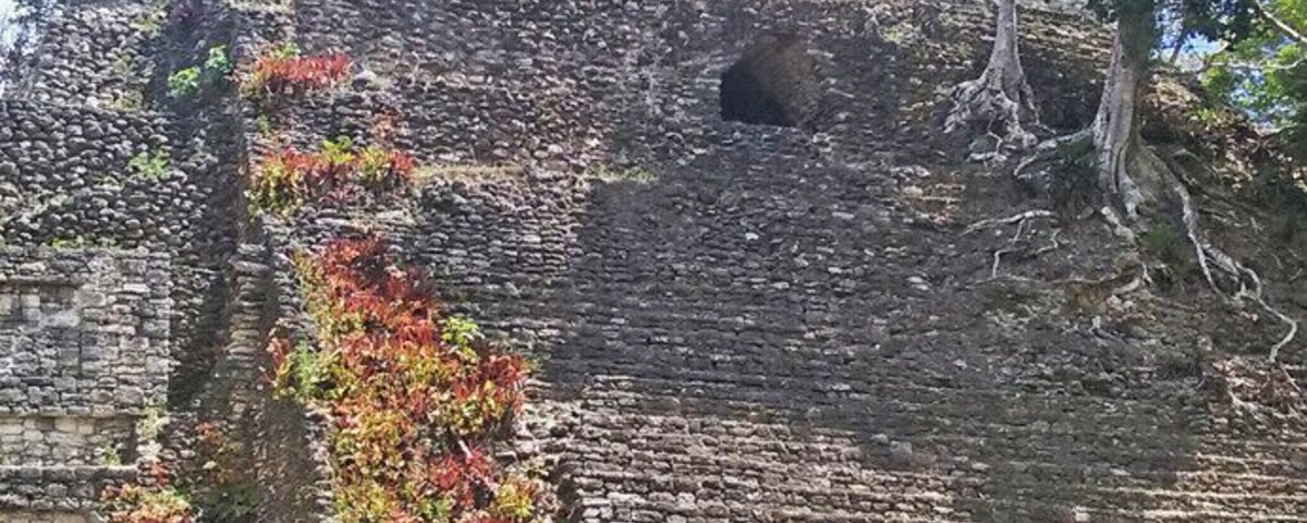 Estrutura de pedra antiga com vegetação exuberante e céu claro.
