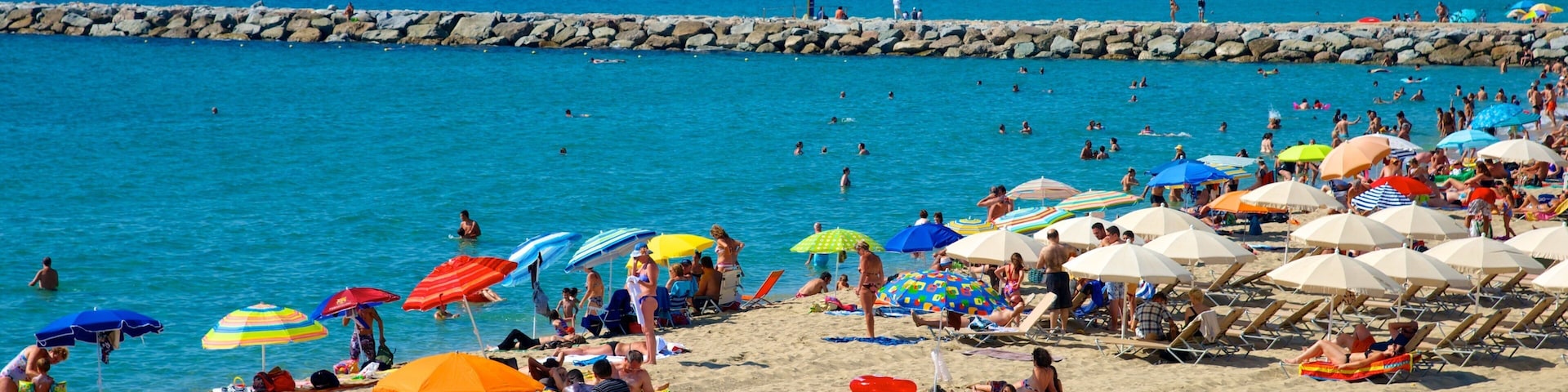 Barcelona que inclui natação e uma praia de areia assim como um grande grupo de pessoas