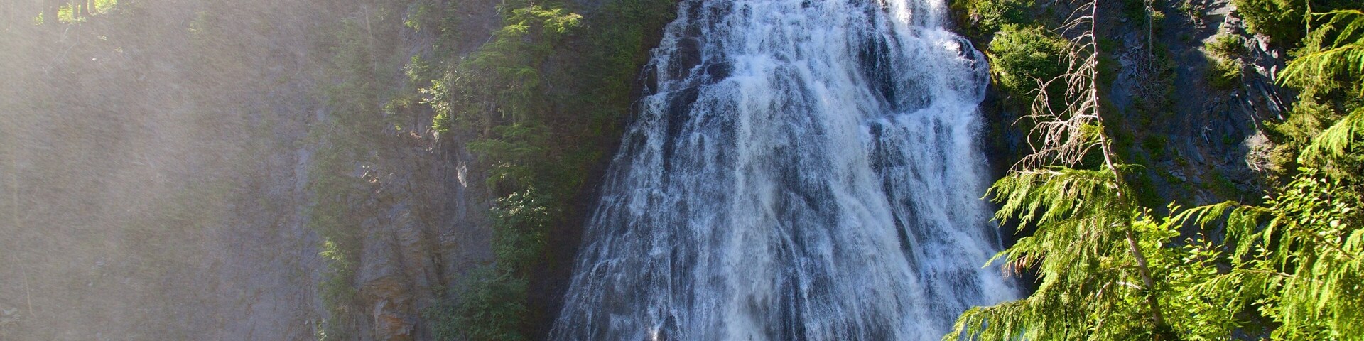 Uma cascata rodeada por floresta densa.