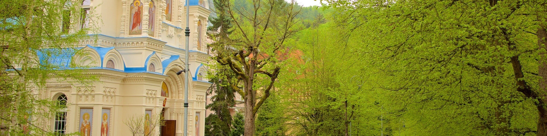 Karlovy Vary que inclui elementos de patrimônio, um parque e arquitetura de patrimônio