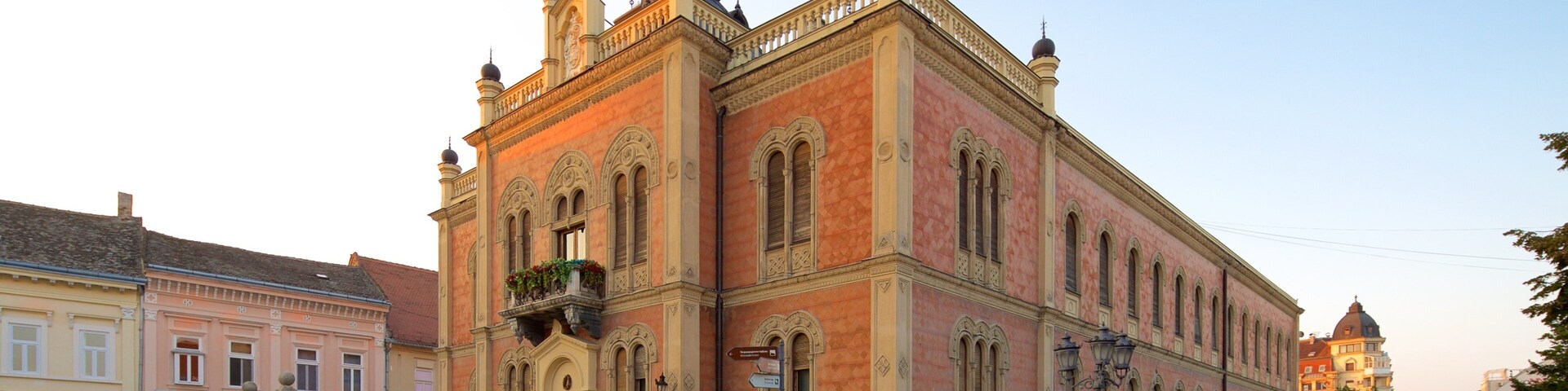 Novi Sad featuring a sunset, heritage architecture and a city