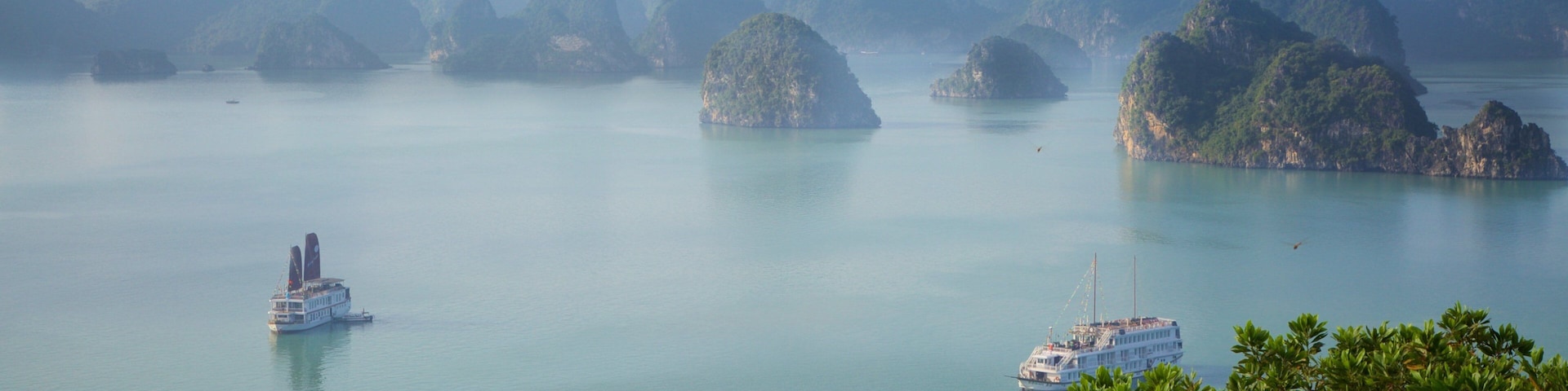 Baía de Halong que inclui paisagens litorâneas, cruzeiro e paisagem