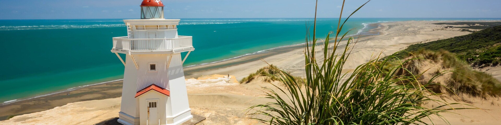 Pouto which includes general coastal views, a lighthouse and a sandy beach