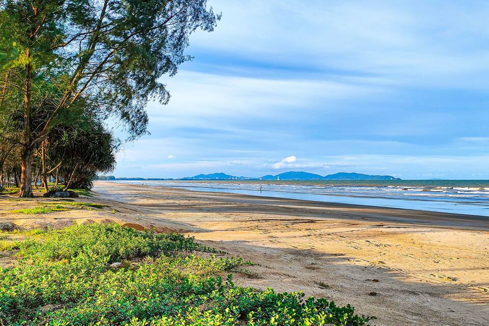 Uma praia com uma linha de árvores, areal arenoso e montanhas ao longe.