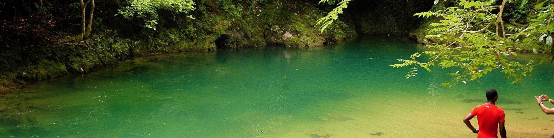 Um rio verde e límpido rodeado por uma floresta densa.