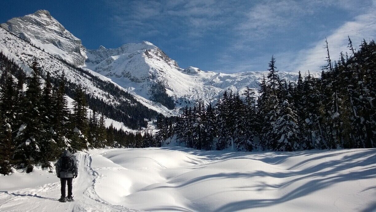 Paisagem montanhosa coberta de neve com uma pessoa em uma trilha nevada.