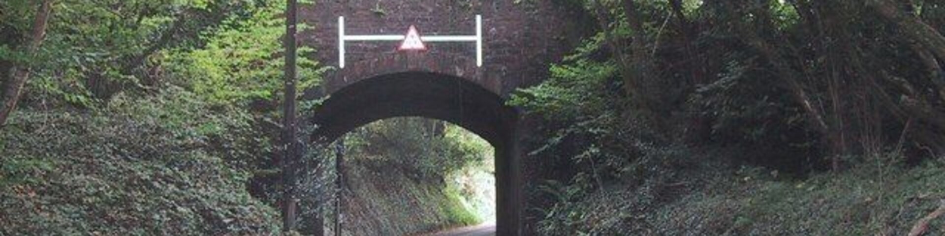 Uma estrada estreita sob uma ponte de tijolos, cercada por vegetação densa.