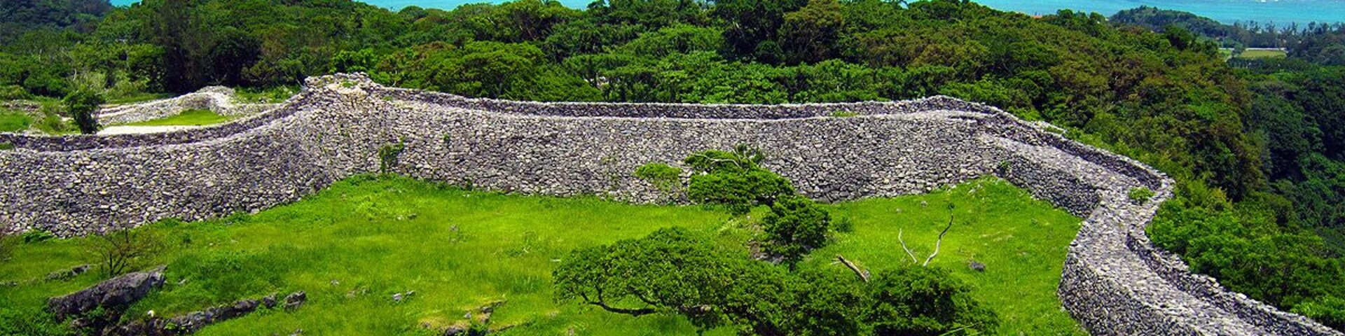 Paisagem verde exuberante com um muro de pedra e vista para o oceano.