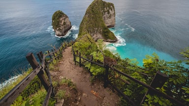 Paisagem costeira com uma escadaria de madeira descendo até o mar, rodeada por vegetação exuberante e duas formações rochosas imponentes.
