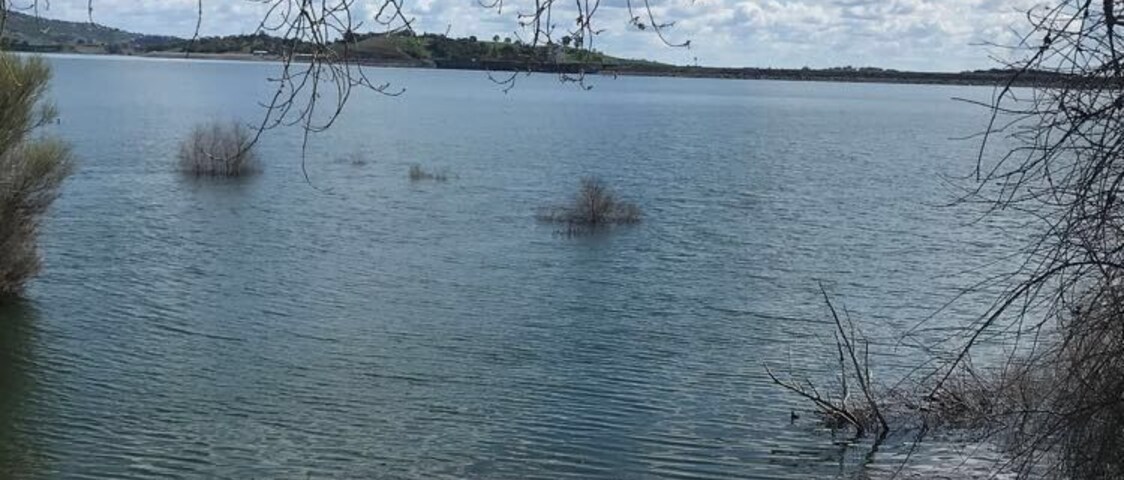 Um lago tranquilo com margens rochosas e vegetação escassa.