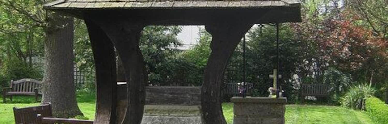 Lychgate and memorial garden of St Paul's parish church, Crofton Road, Crofton, southeast London. The lychgate was built for the previous church, which was completed in 1888. It is now the entrance to the memorial garden.