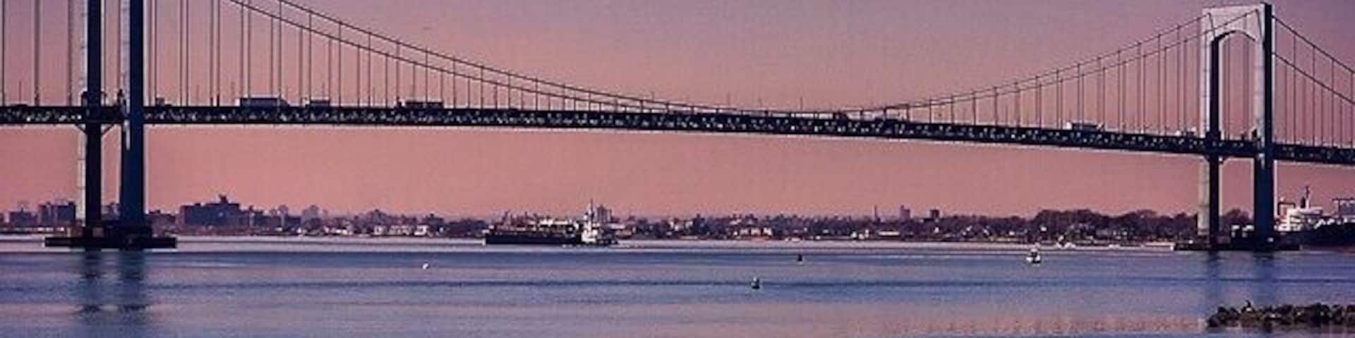 One of the best views and lesser known areas in New York.  Sunset behind the Throgs Neck Bridge from Queens, Fort Totten State Park #travel #nyc #sunset