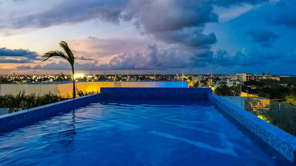 Piscina ao entardecer com uma palmeira, uma ponte e luzes da cidade ao fundo.