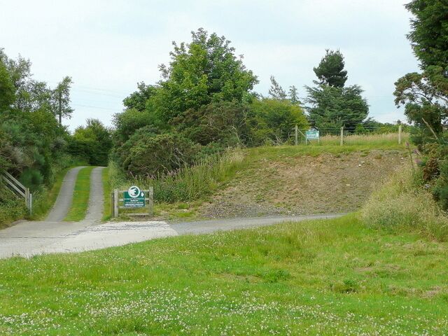 Uma estrada rural com um sinal indicando um caminho para pedestres e uma área gramada florida.