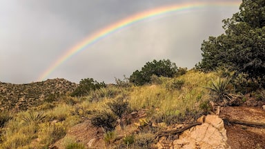 Paisagem com um arco-íris sobre um terreno rochoso e vegetação escassa.