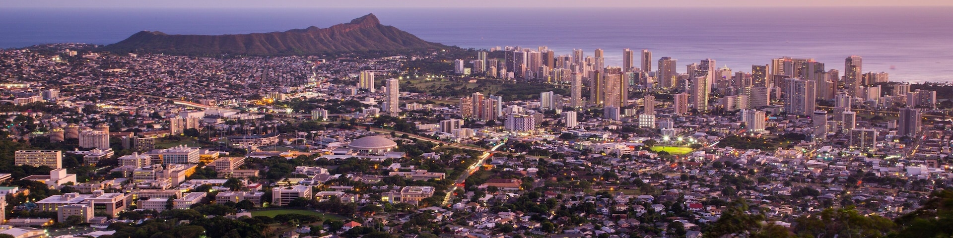 Makiki - Lower Punchbowl - Tantalus showing landscape views, a sunset and a city