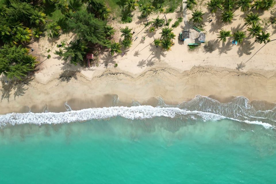 Vista aérea de uma praia com águas turquesa cristalinas, areal arenoso e palmeiras espalhadas.