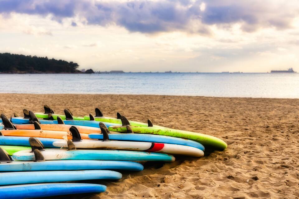 Uma praia com uma fileira de pranchas de surf coloridas alinhadas na areia.