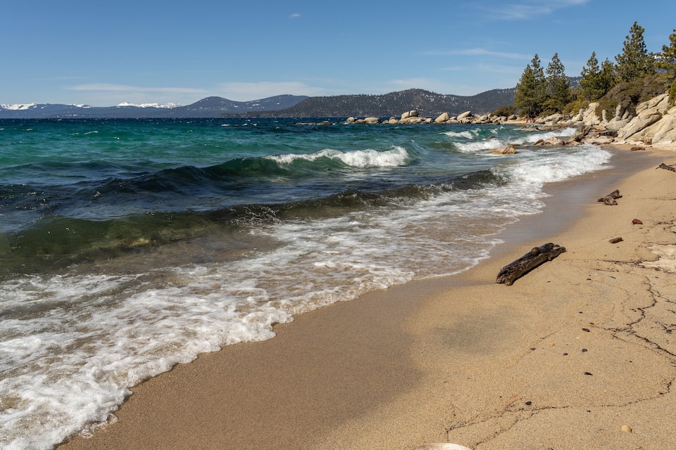 Uma praia arenosa com ondas, afloramentos rochosos e uma encosta arborizada.