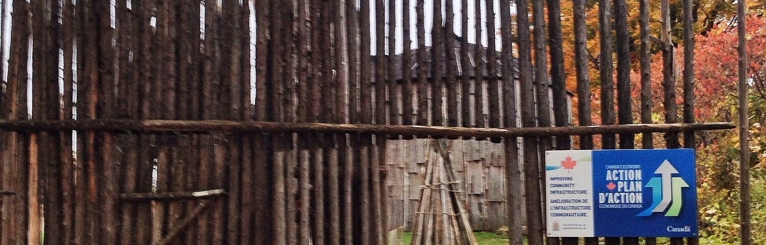 Entrance to the village.
Unfortunately no one was around to explain what we were looking at so my knowledge of this is limited to what the signs said.
They believe this area was inhabited by ancestors of the Wendat (Huron) or Attawandaron (Neutral) confederacies.