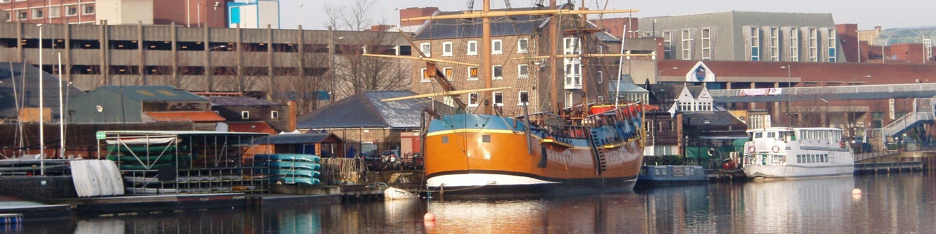 HMS Bark Endeavour This photograph shows a view of HMS Bark Endeavour moored on the River Tees at Stockton. This picture was taken from on the east embankment near Victoria Bridge looking in a north-westerly direction towards the centre of Stockton.