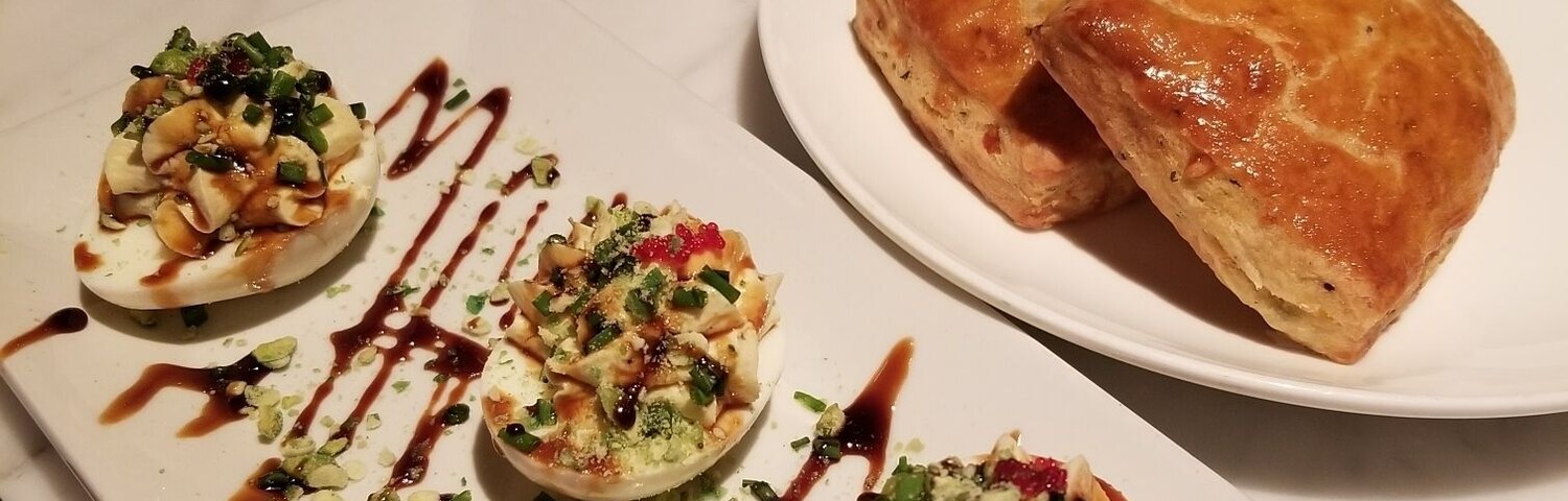 Spiced deviled eggs with wasabi peas and tarragon biscuits for a great start.