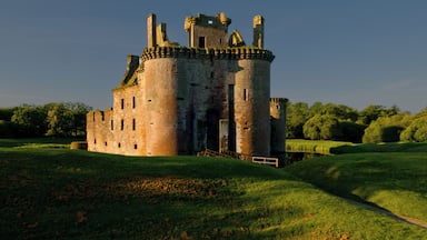 Um castelo histórico rodeado por campos verdes exuberantes e árvores.