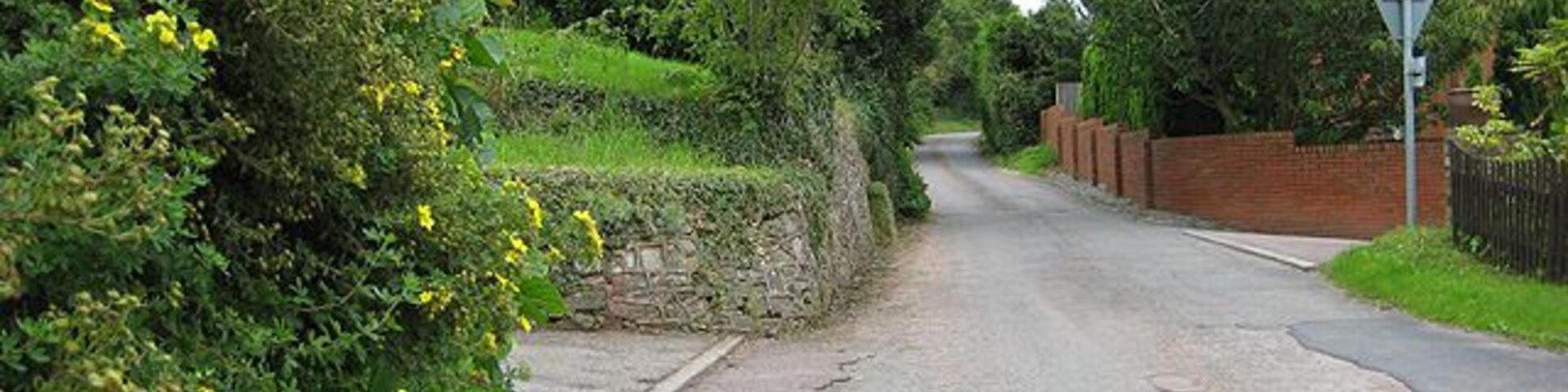 Uma estrada rural estreita, com um muro de pedra de um lado e uma cerca de metal do outro.
