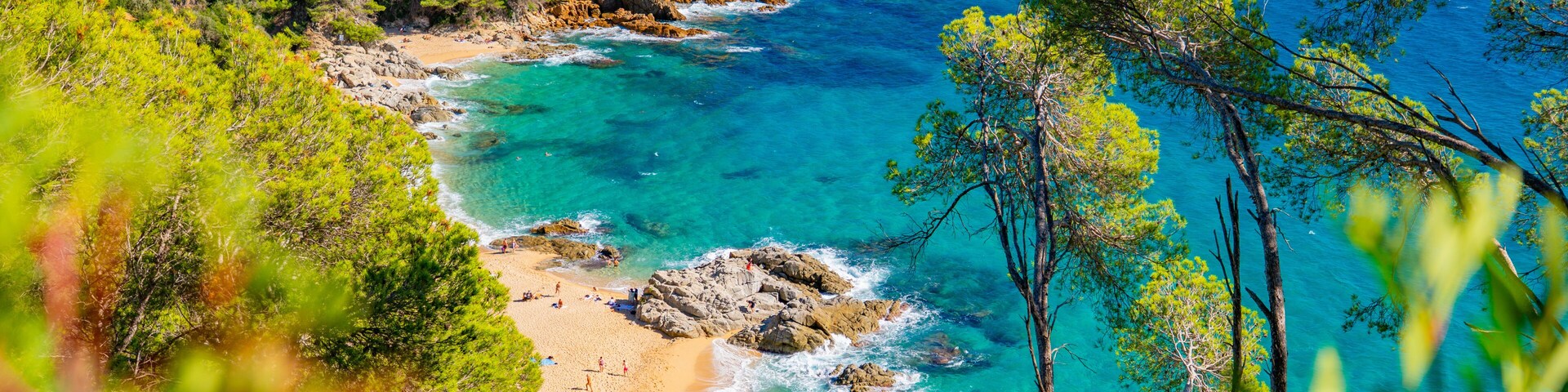 Paisagem costeira com praia, águas turquesa cristalinas e vegetação verde exuberante.
