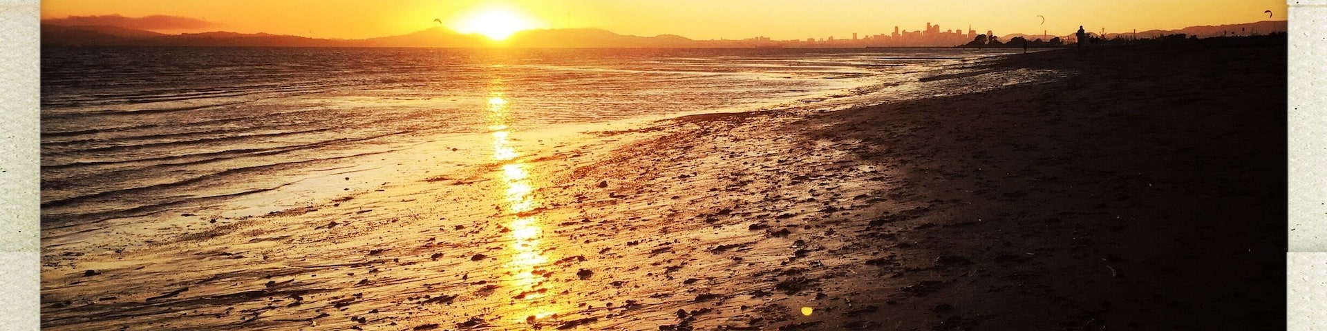 Sunset over the kite surfing beach in Alameda