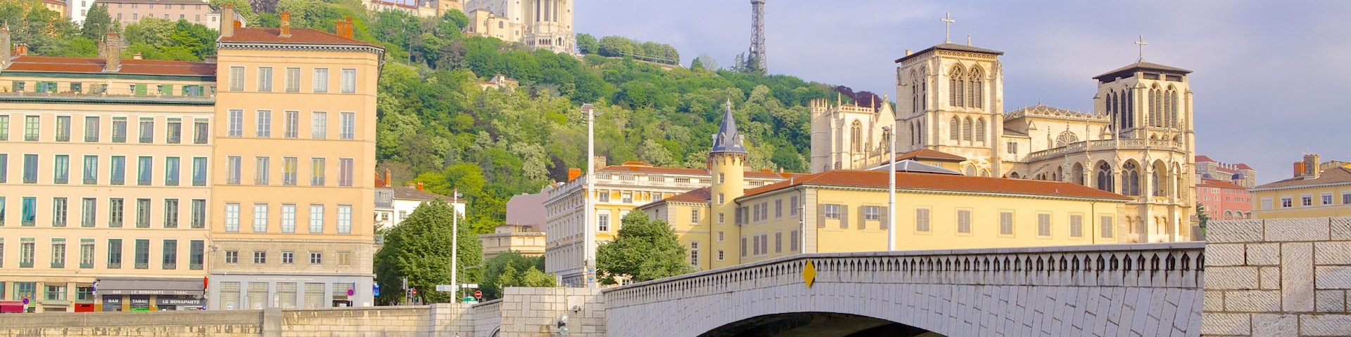 Neuville-sur-Saone caracterizando uma ponte, uma cidade e um rio ou córrego