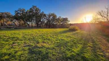 Um campo gramado com árvores e um pôr do sol ao fundo.