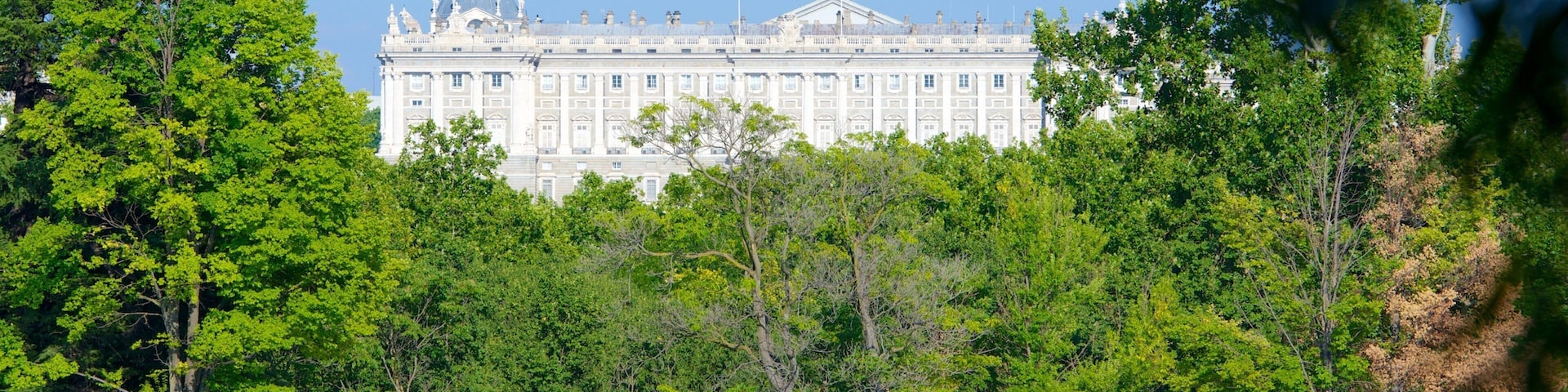 Um edifício grande e branco com cúpula e colunas, rodeado por árvores e um corpo de água.