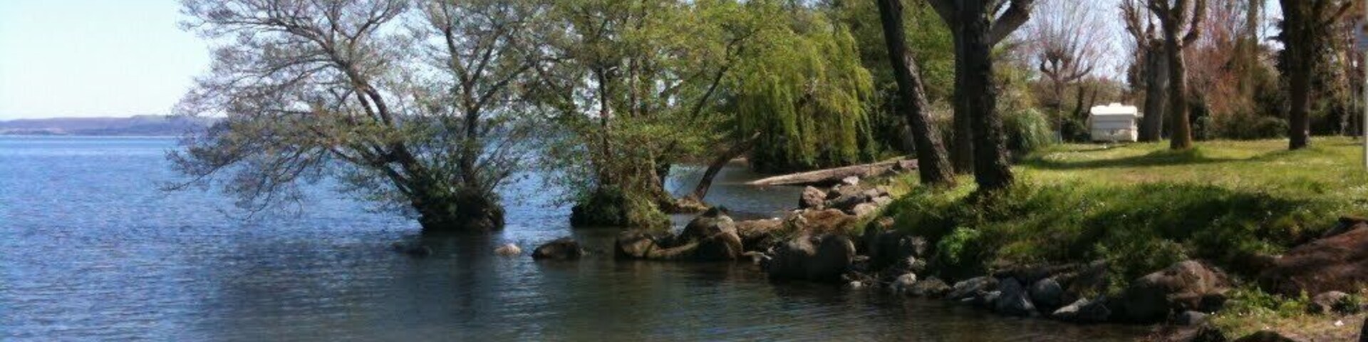 Um lago tranquilo com águas cristalinas, rodeado por árvores e uma área gramada com um pequeno edifício branco.