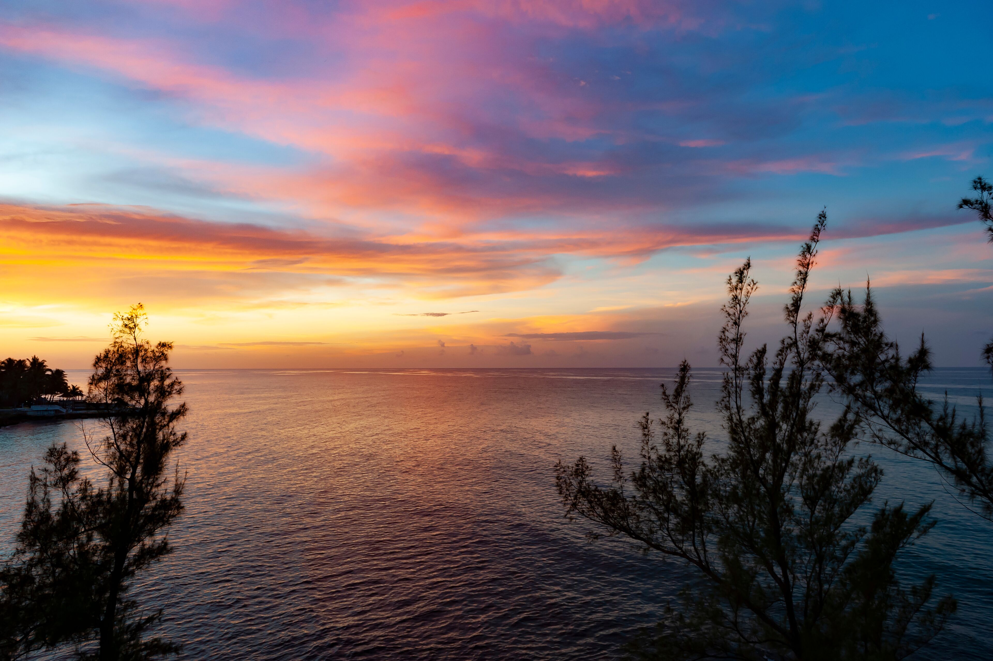 Pôr do sol sobre um mar calmo, com silhuetas de árvores e uma linha de costa distante.